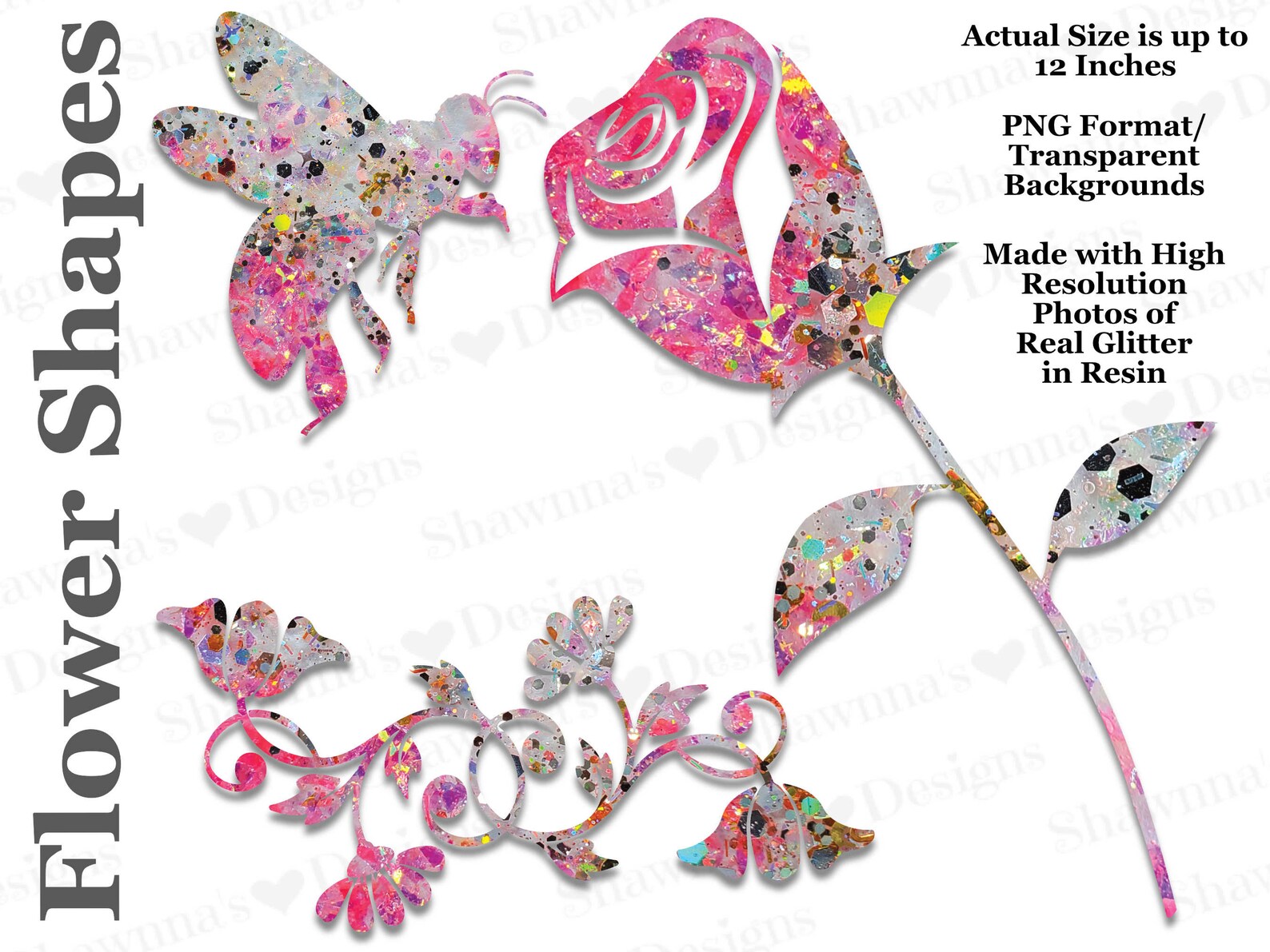 Pink and Gold Glitter Resin Flower Shapes Clipart Overlays Design ...