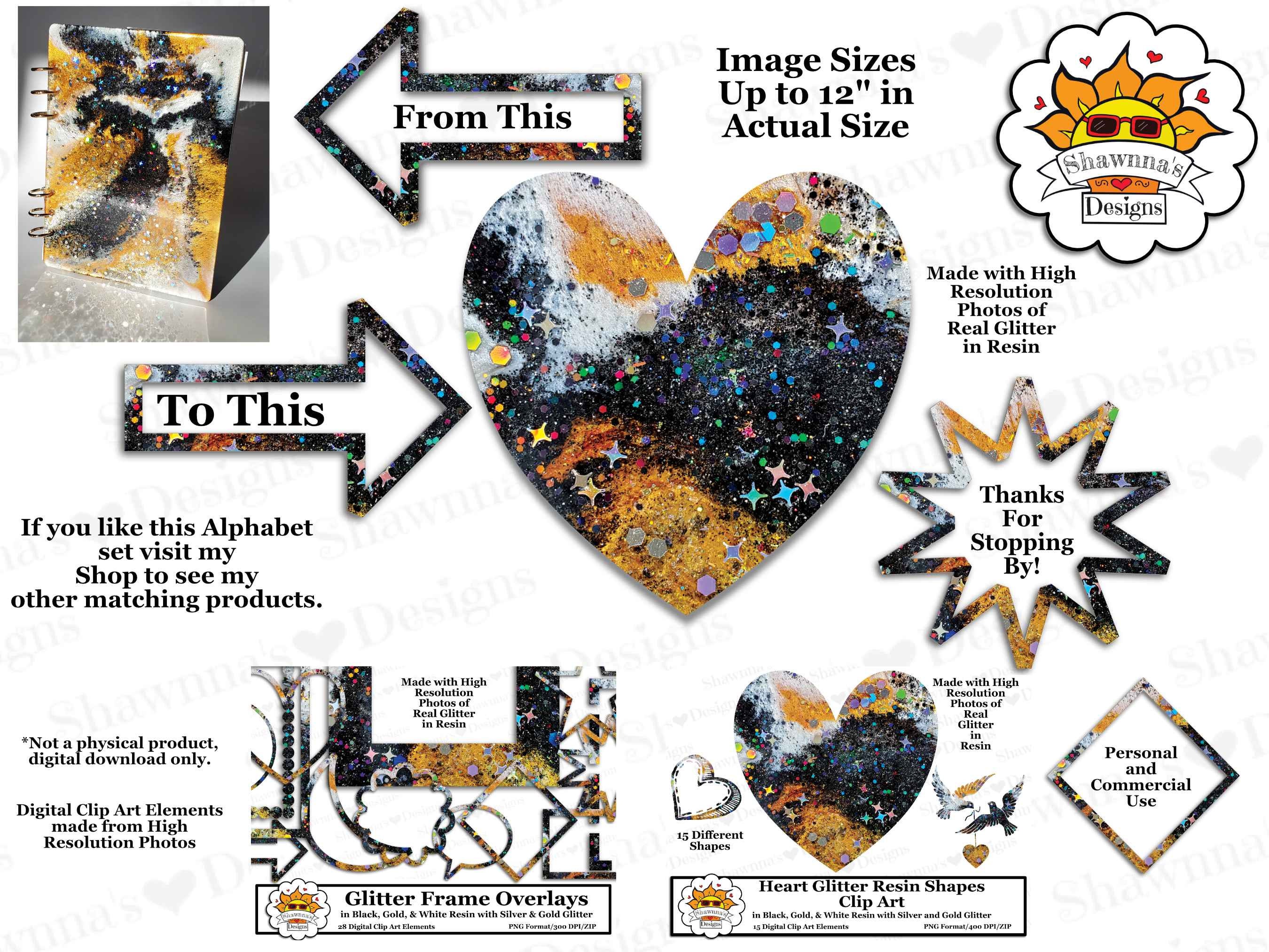 Black and Gold Glitter Resin Alphabet, Numbers & Symbols Clipart Design ...