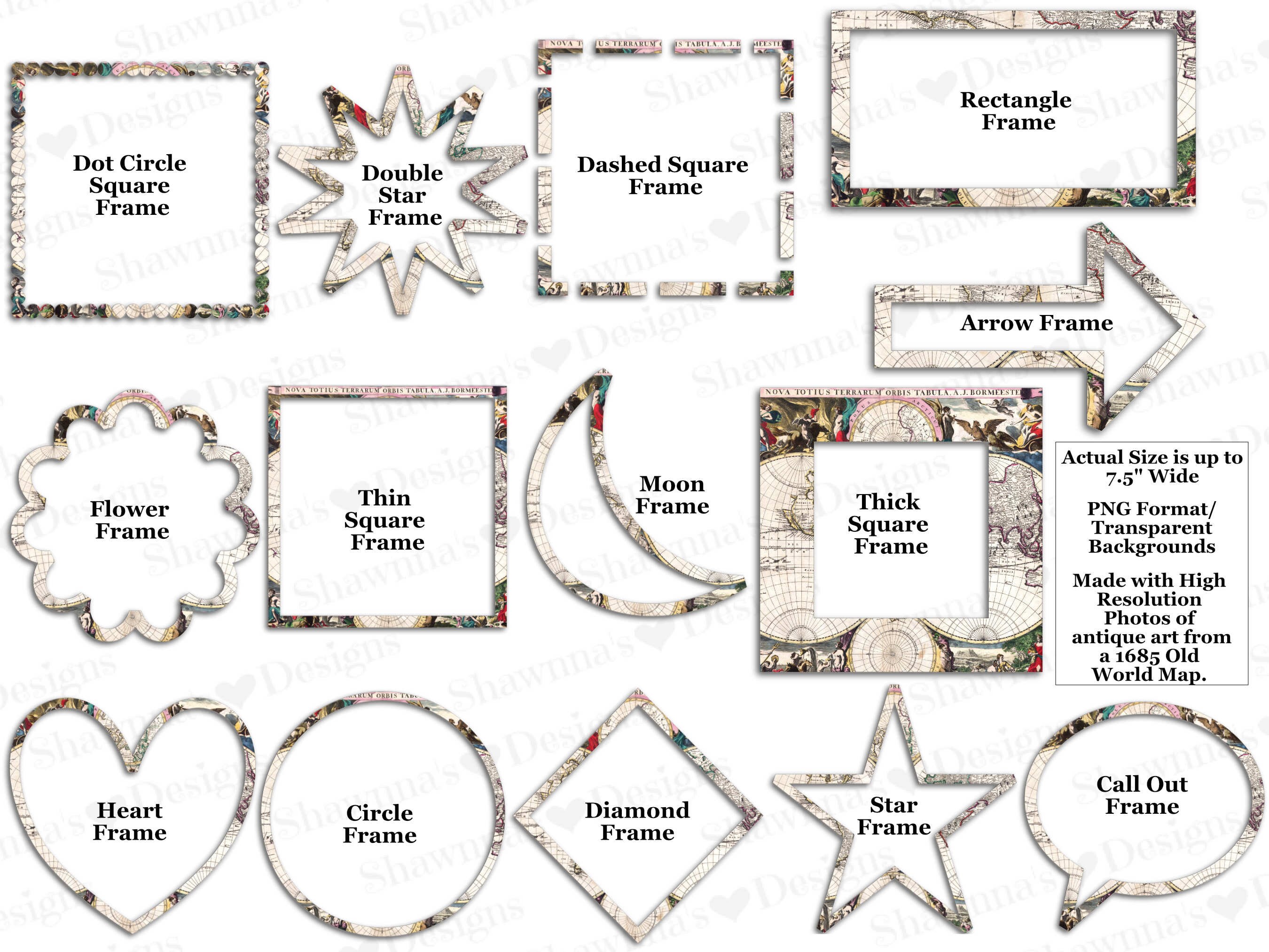Old World Map From 1685 Frames Clipart Overlays Design Elements Set - Etsy