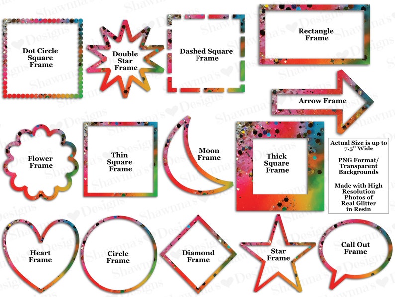 Neon Rainbow Glitter Resin Frame Overlays Design Elements Set - Etsy