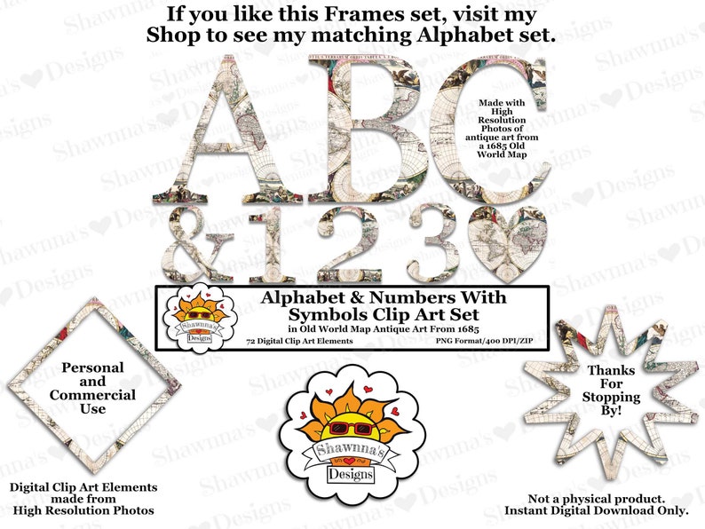 Old World Map From 1685 Frames Clipart Overlays Design Elements Set - Etsy