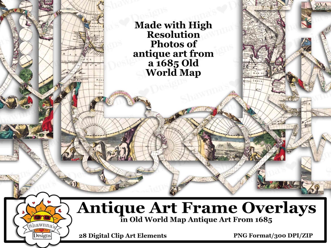 Old World Map From 1685 Frames Clipart Overlays Design Elements Set - Etsy