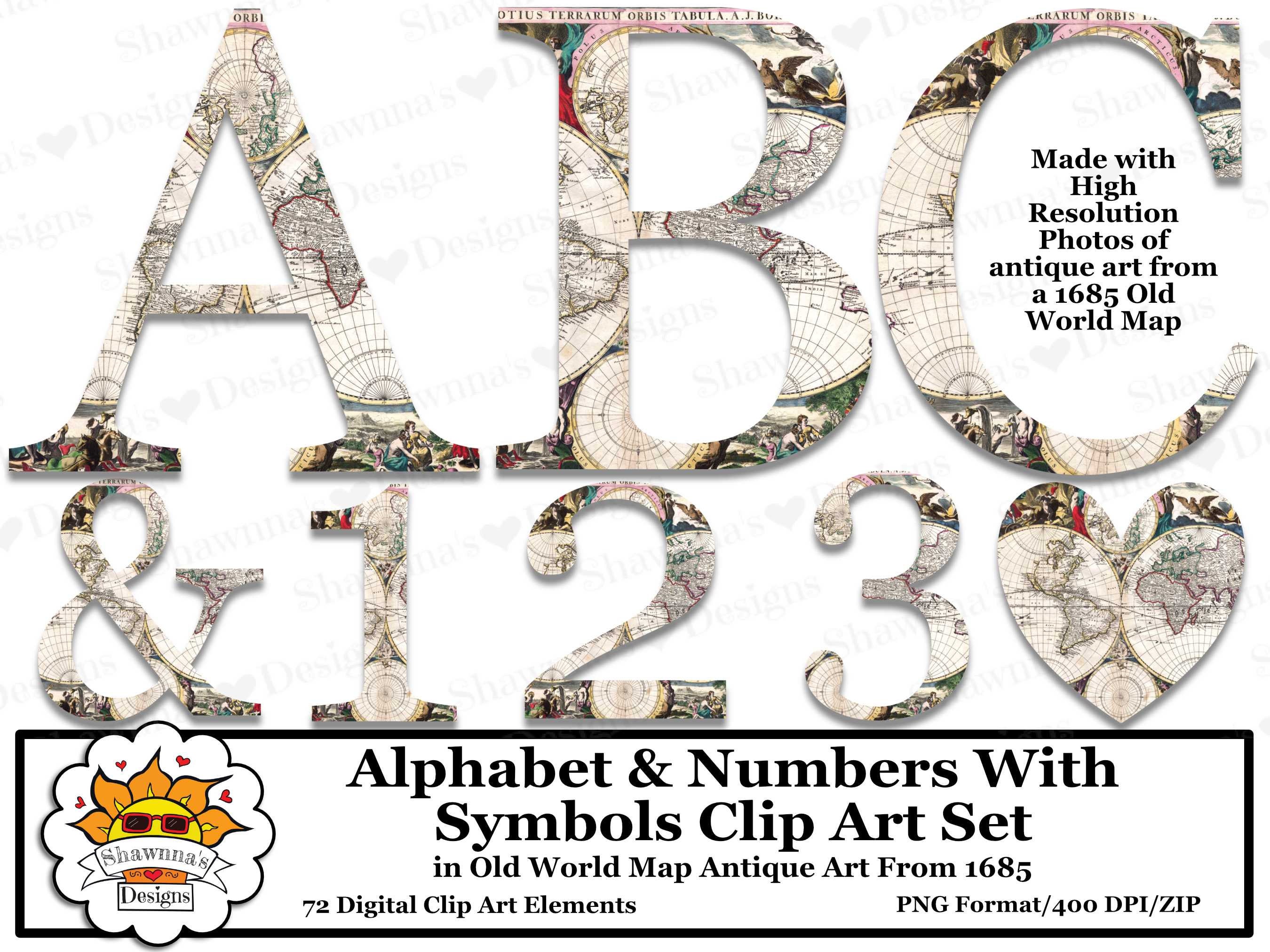 Old World Map From 1685 Alphabet, Numbers & Symbols Clipart Overlays ...