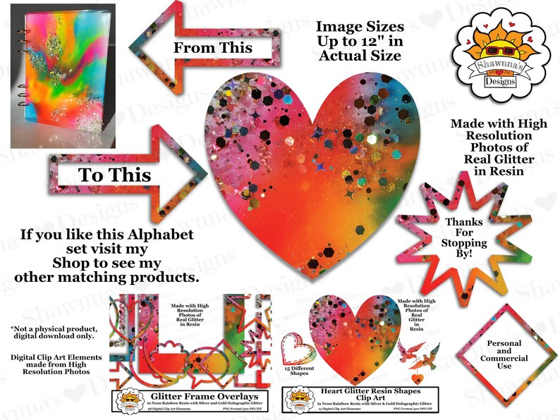 Neon Rainbow Glitter Resin Alphabet, Numbers & Symbols Clipart Overlays ...