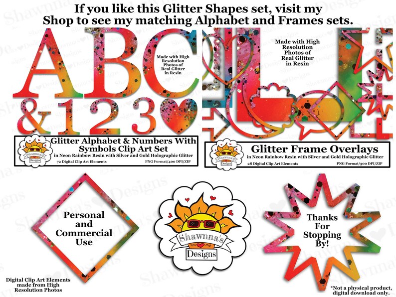 Neon Rainbow Glitter Resin Heart Shapes Clipart Overlays Design ...