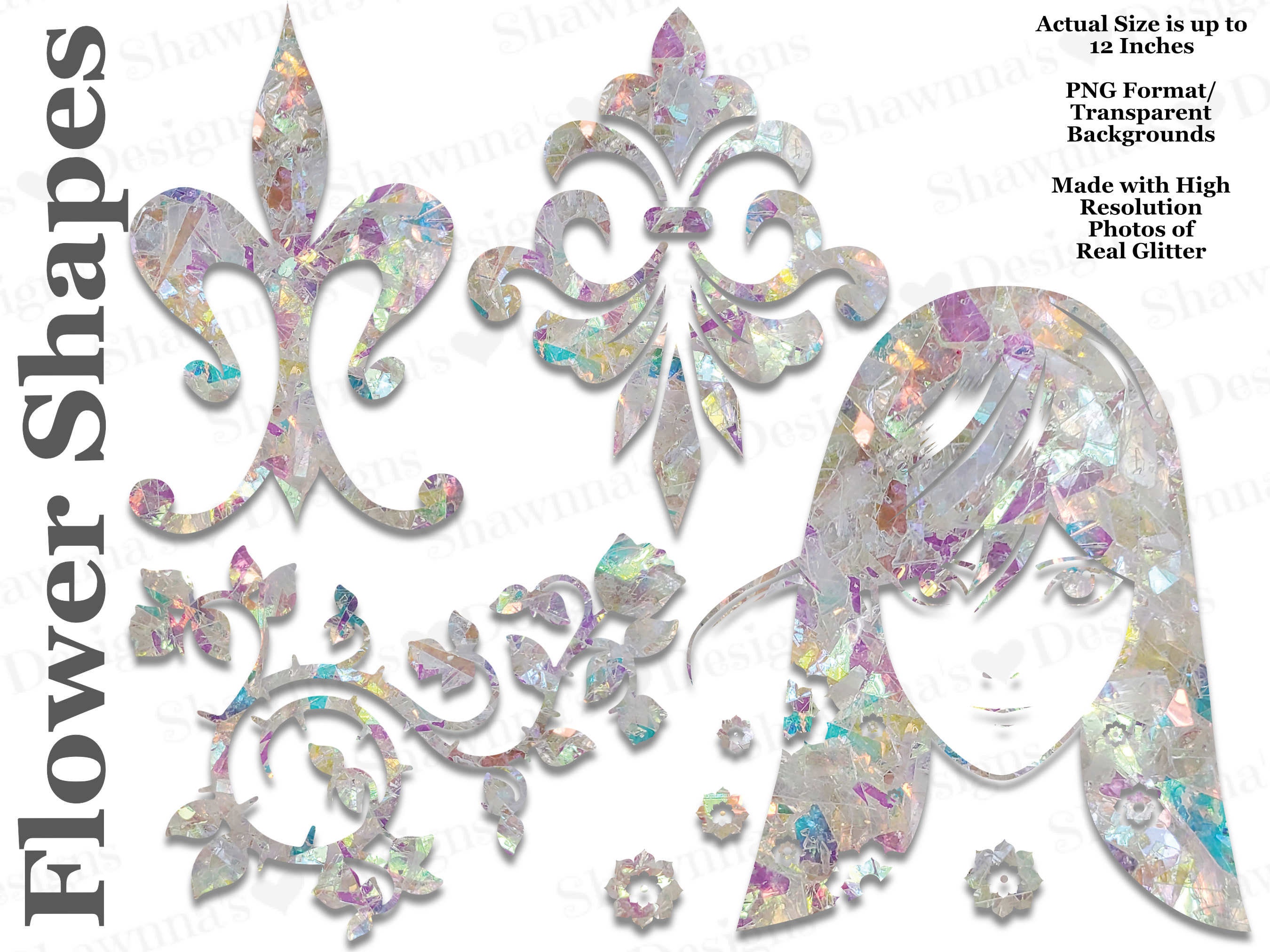 Rainbow Glitter Flower Shapes Clipart Overlays Design Elements Set - Etsy