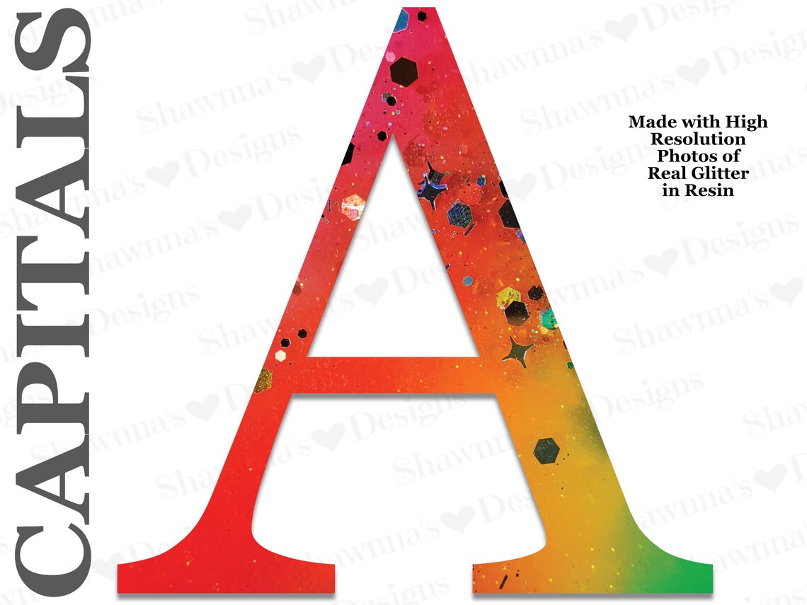 Neon Rainbow Glitter Resin Alphabet, Numbers & Symbols Clipart Overlays ...