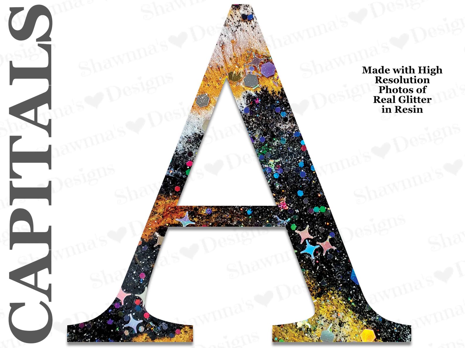 Black and Gold Glitter Resin Alphabet, Numbers & Symbols Clipart Design ...