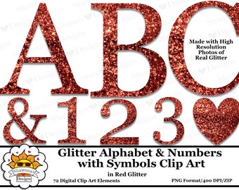 Red Glitter Digital Alphabet Clipart, Glittering Red Font With Large ...