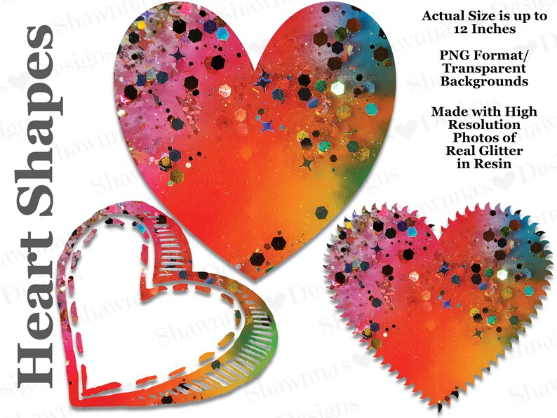 Neon Rainbow Glitter Resin Heart Shapes Clipart Overlays Design ...