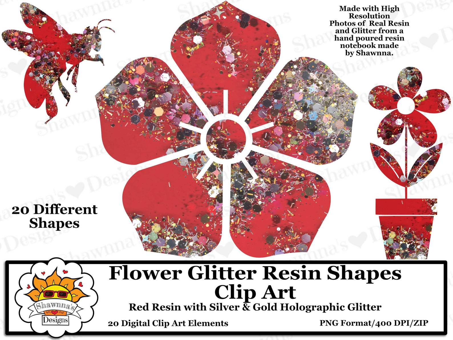 Red Resin Glitter Flower Shapes Clipart Overlays Design Elements Set - Etsy