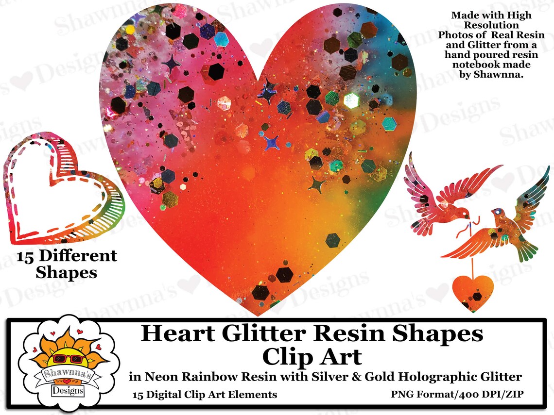 Neon Rainbow Glitter Resin Heart Shapes Clipart Overlays Design ...
