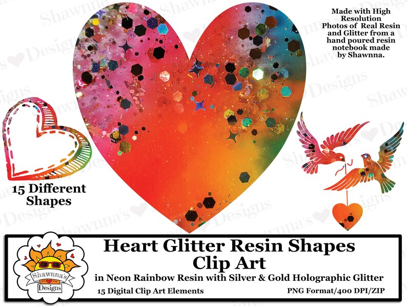 Neon Rainbow Glitter Resin Heart Shapes Clipart Overlays Design ...