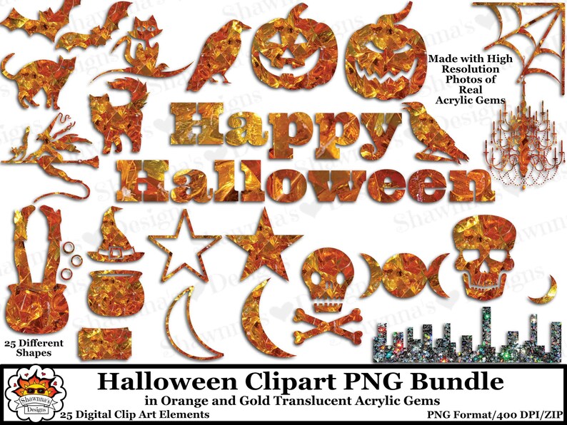 Halloween Clip Art Orange & Gold Gems PNG Bundle – Halloween Overlays ...