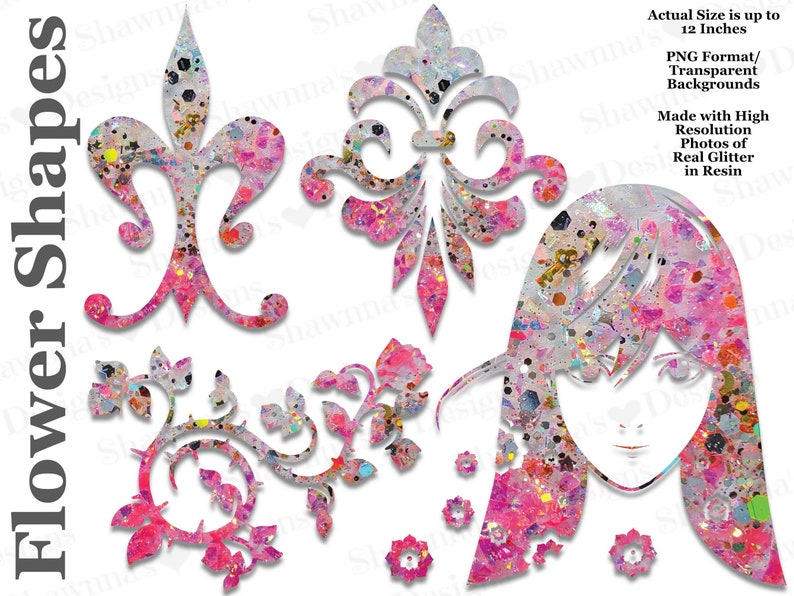 Pink and Gold Glitter Resin Flower Shapes Clipart Overlays Design ...