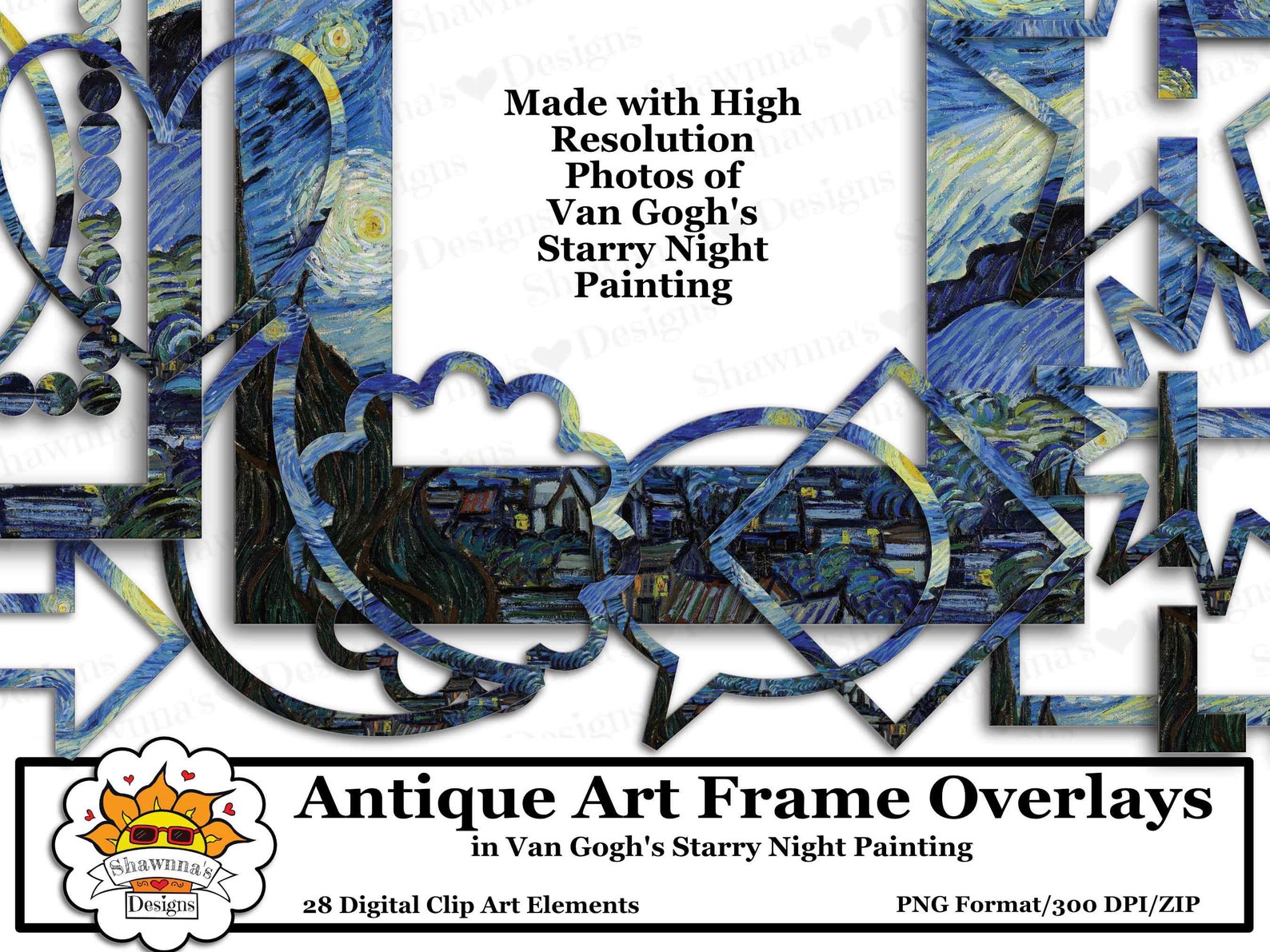 Van Gogh Starry Night Frames Clipart Overlays Design Elements Set - Etsy