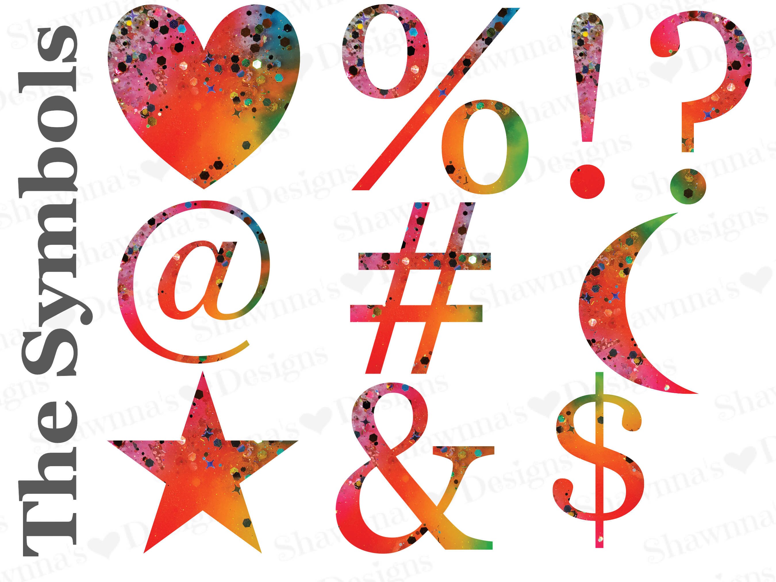 Neon Rainbow Glitter Resin Alphabet, Numbers & Symbols Clipart Overlays ...