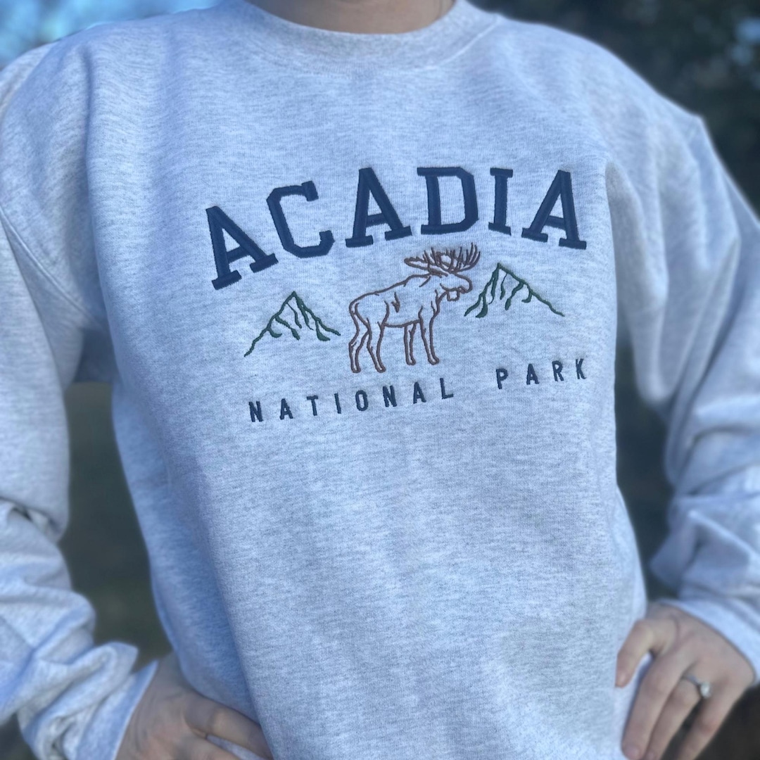 Acadia National Park Maine Moose and Mountains Embroidered Crewneck ...