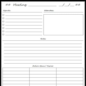 Meeting Page With Notes and Action Items Digital Download Journal Page ...
