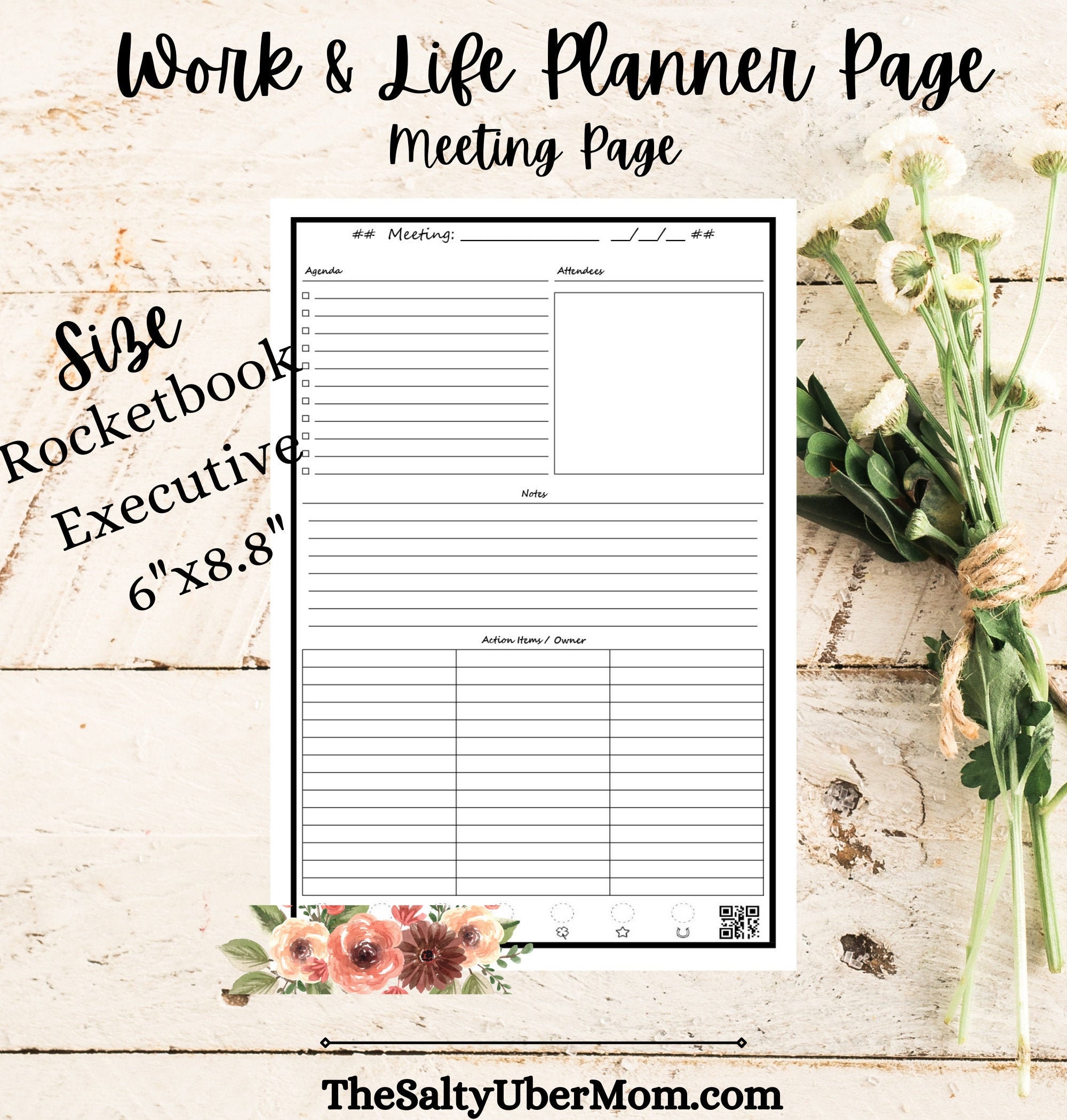 Meeting Page With Notes and Action Items Digital Download Journal Page ...