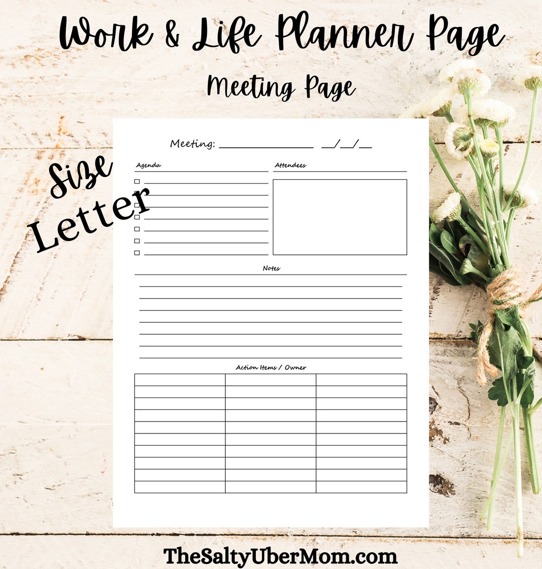 Meeting Page With Notes and Action Items Digital Download Journal Page ...