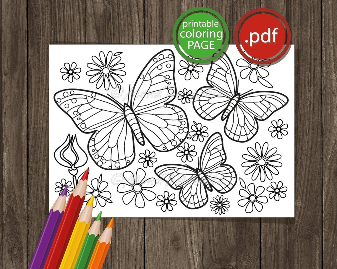 Butterflies Printable Coloring Page Nature Activity Sheet | Etsy