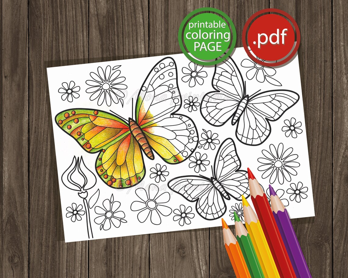 Butterflies Printable Coloring Page Nature Activity Sheet | Etsy
