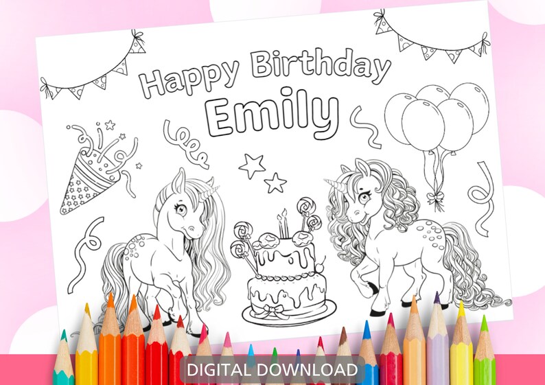 Happy Birthday PERSONALISED Name! Unicorn Colouring Page, Digital ...
