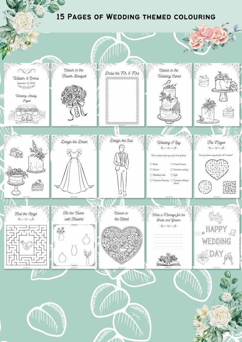 Wedding Colouring Pages, Activity Sheets (15 Pages) PERSONALISED Front ...
