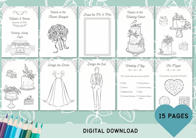 Wedding Colouring Pages, Activity Sheets (15 Pages) PERSONALISED Front ...