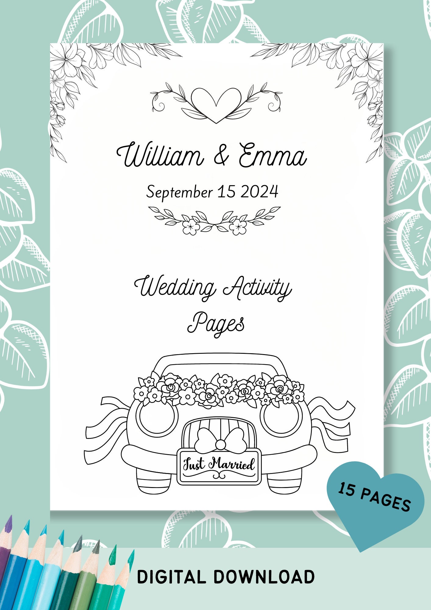 Wedding Colouring Pages, Activity Sheets (15 Pages) PERSONALISED Front ...