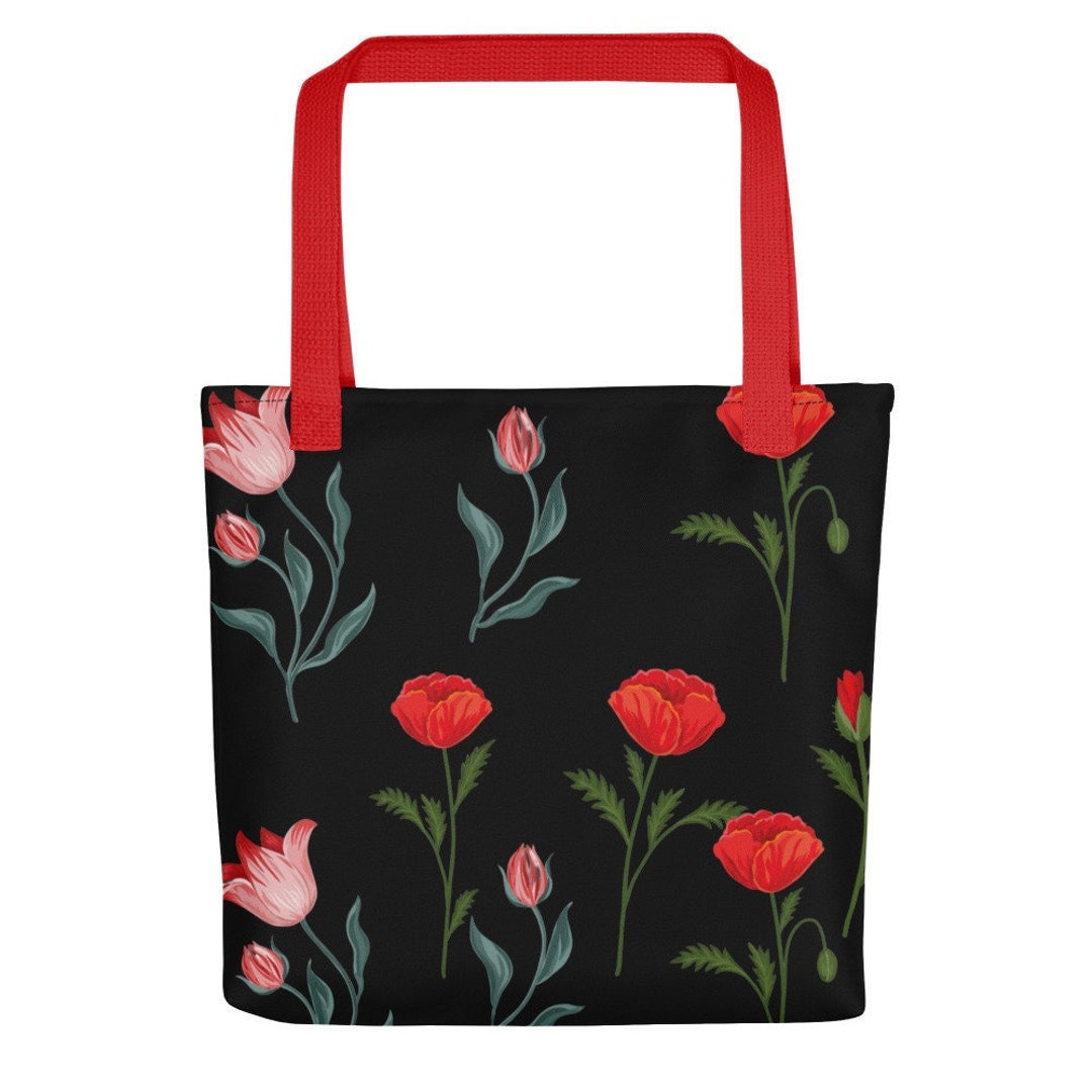 Polyester Tote Bag Aesthetic Flowers, Gift for Her, Black Tote Bag ...