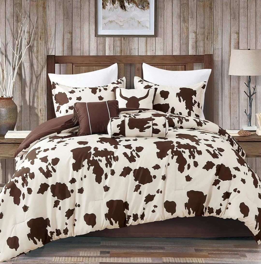 Cow Print 6pc Comforter Set Rustic Brown Cowhide Lodge Bedding Ultra ...