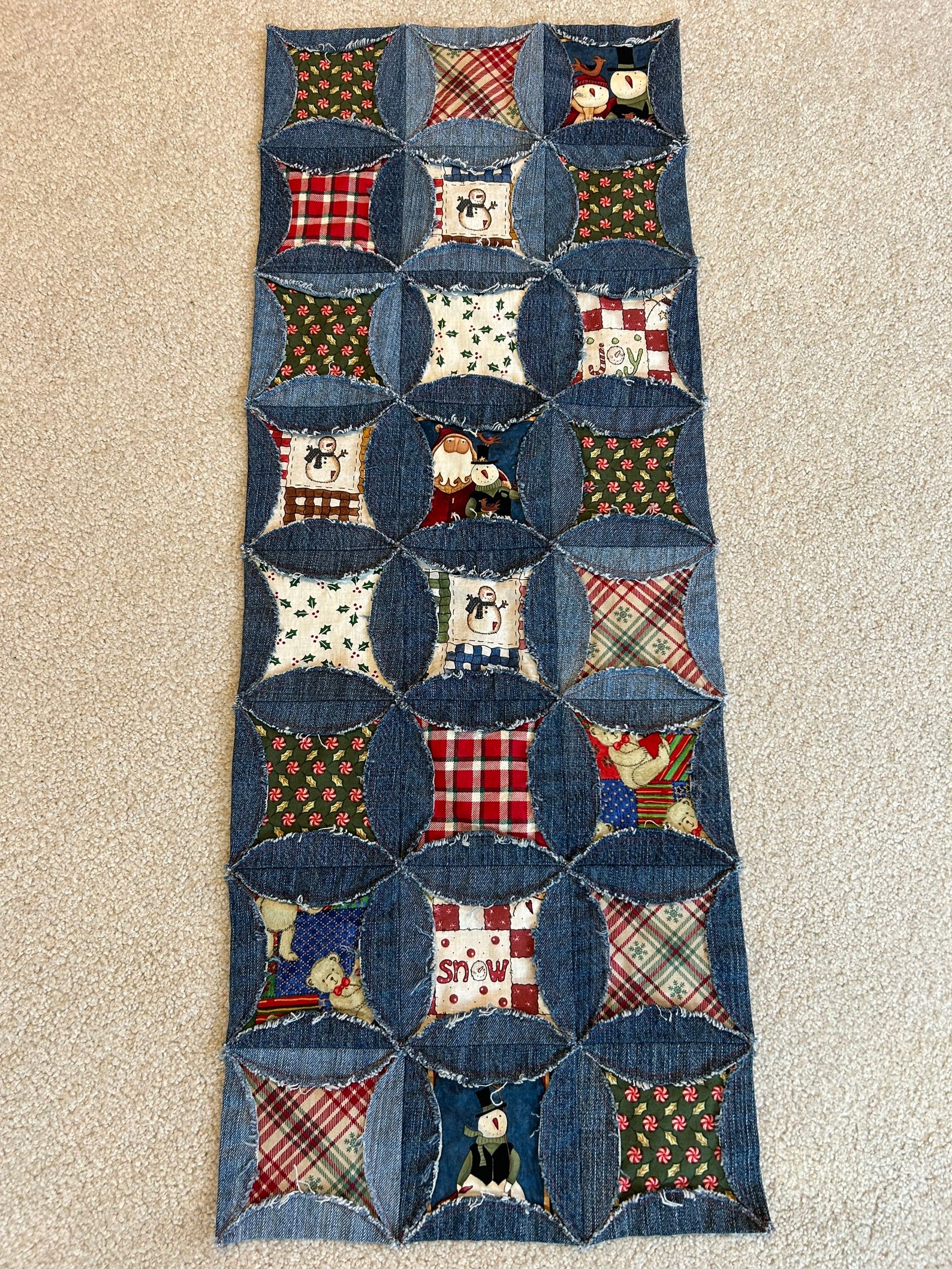 Holiday Table Runner, Upcycled Denim Runner, Vintage Winter Runner ...