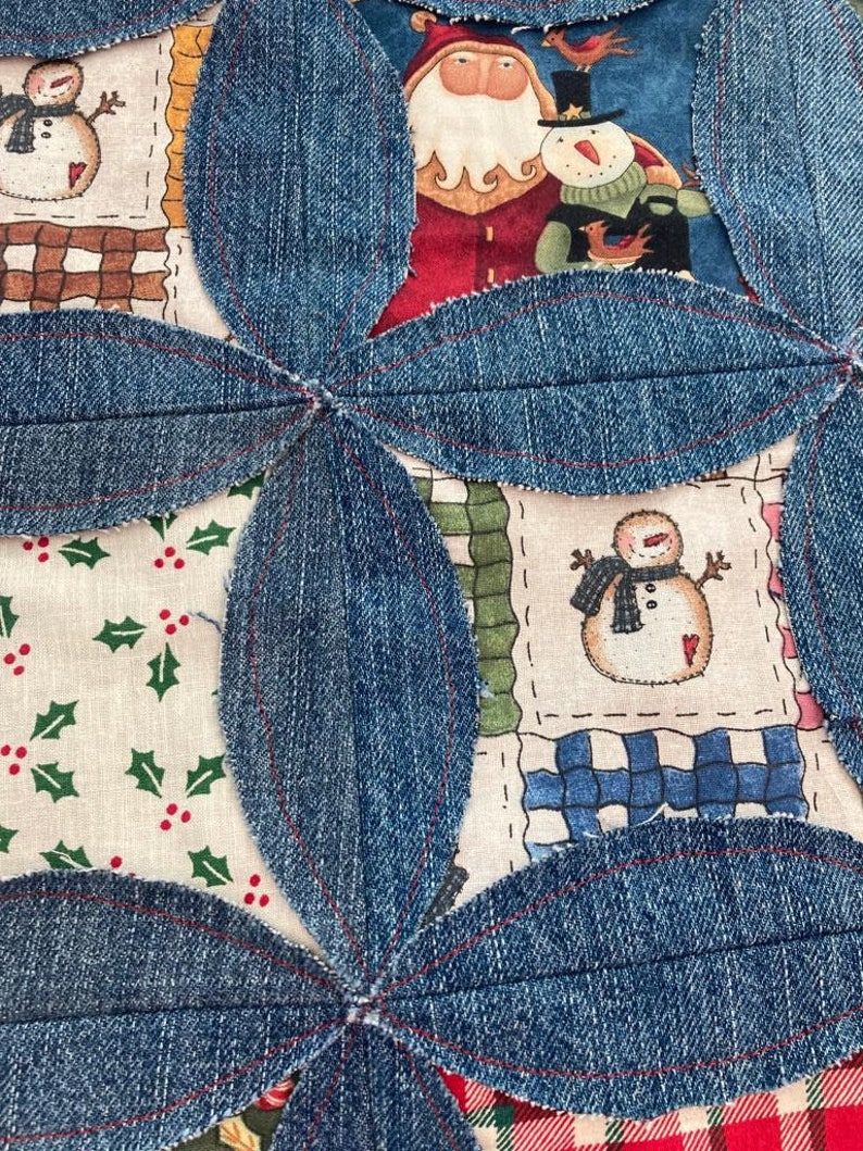 Holiday Table Runner, Upcycled Denim Runner, Vintage Winter Runner ...