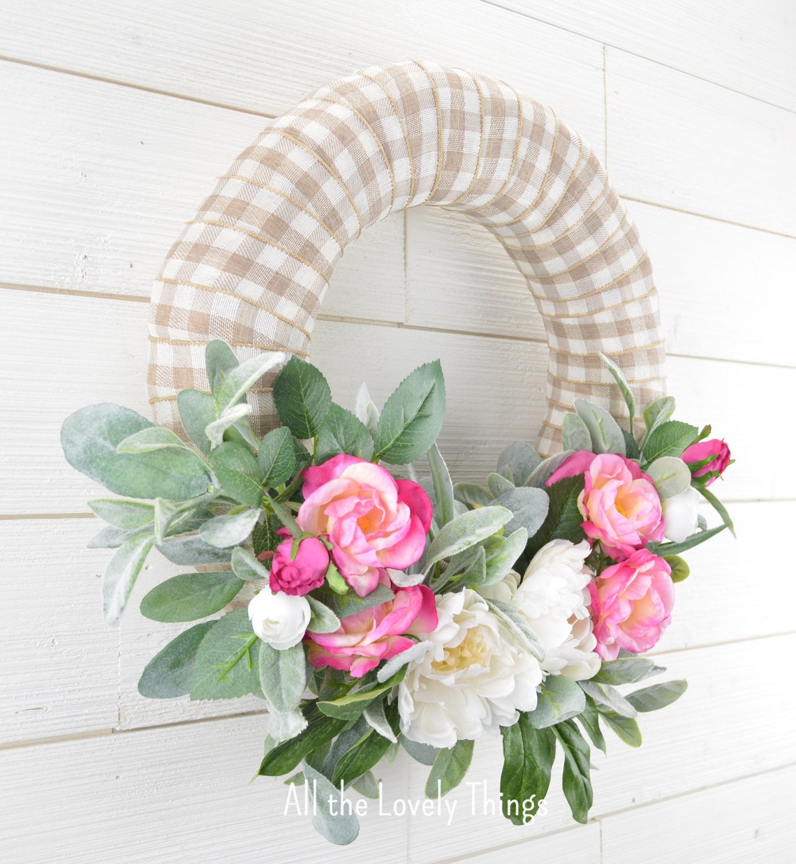 Natural and Cream Buffalo Plaid & Roses Wreath Farmhouse - Etsy