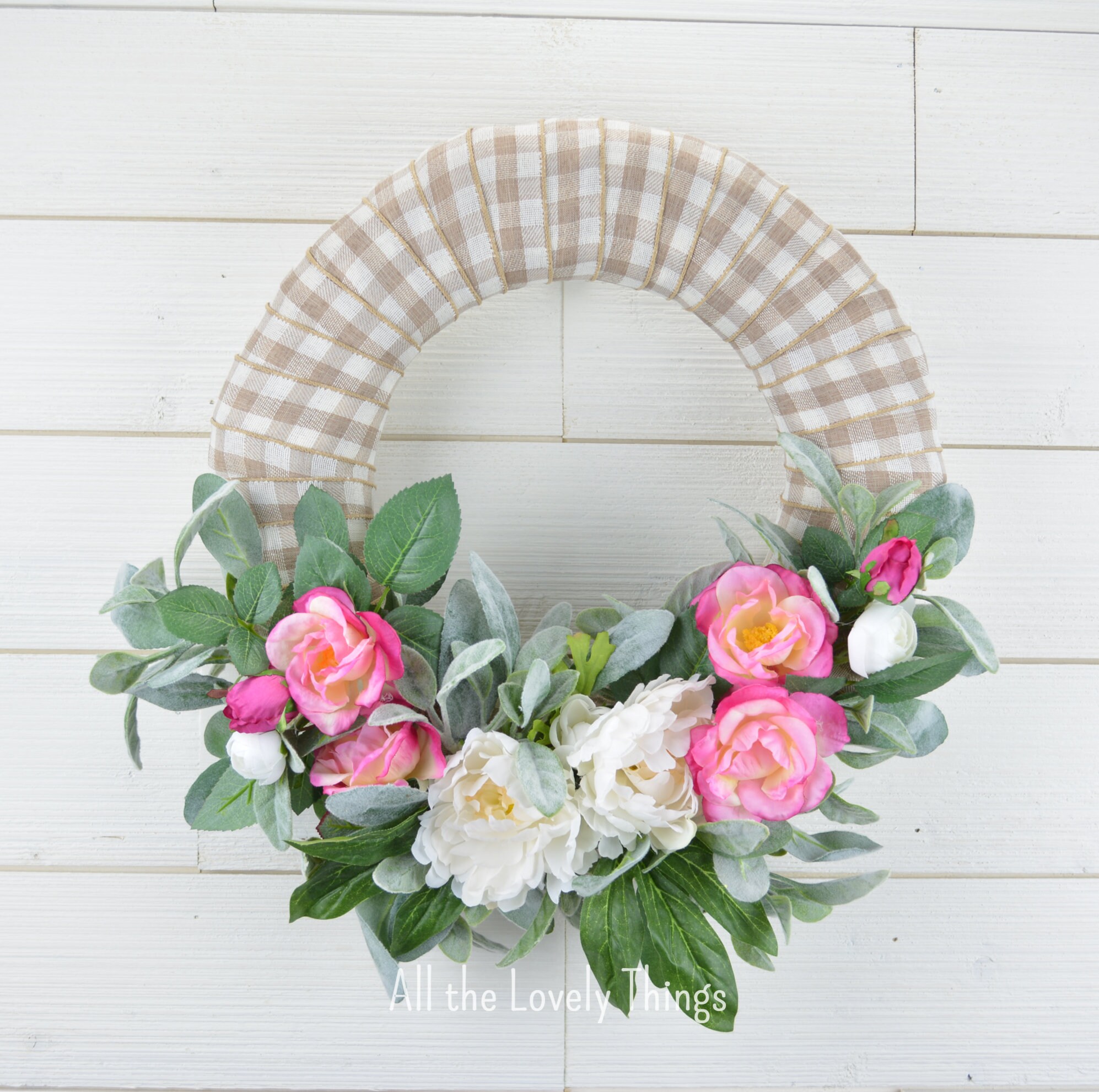 Natural and Cream Buffalo Plaid & Roses Wreath Farmhouse - Etsy