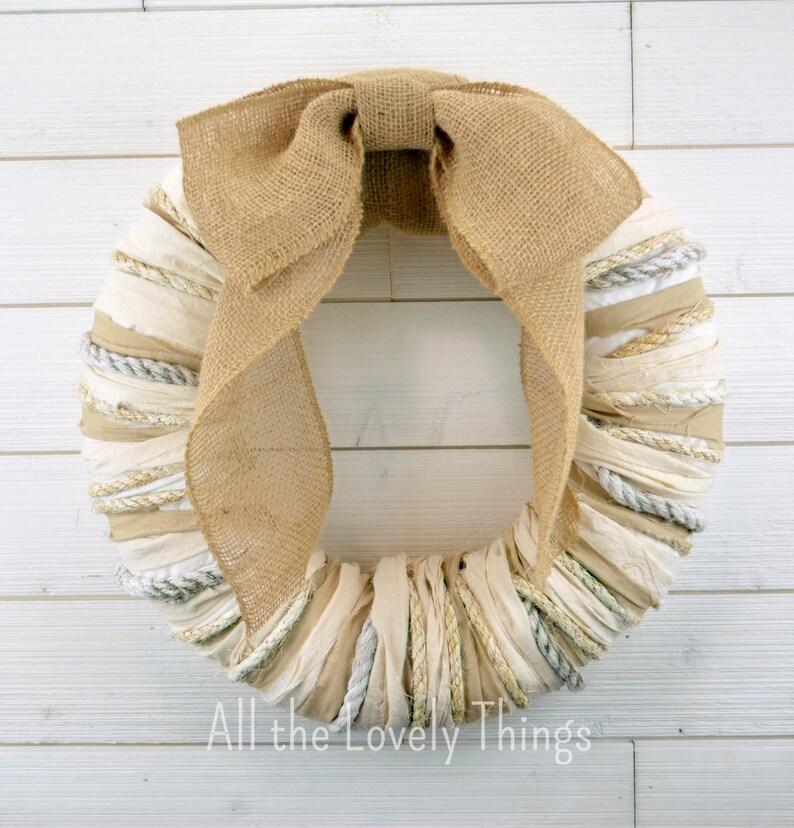 Rustic Farmhouse Rope & Rag Wreath, Nautical or Seaside Wreath, Country ...