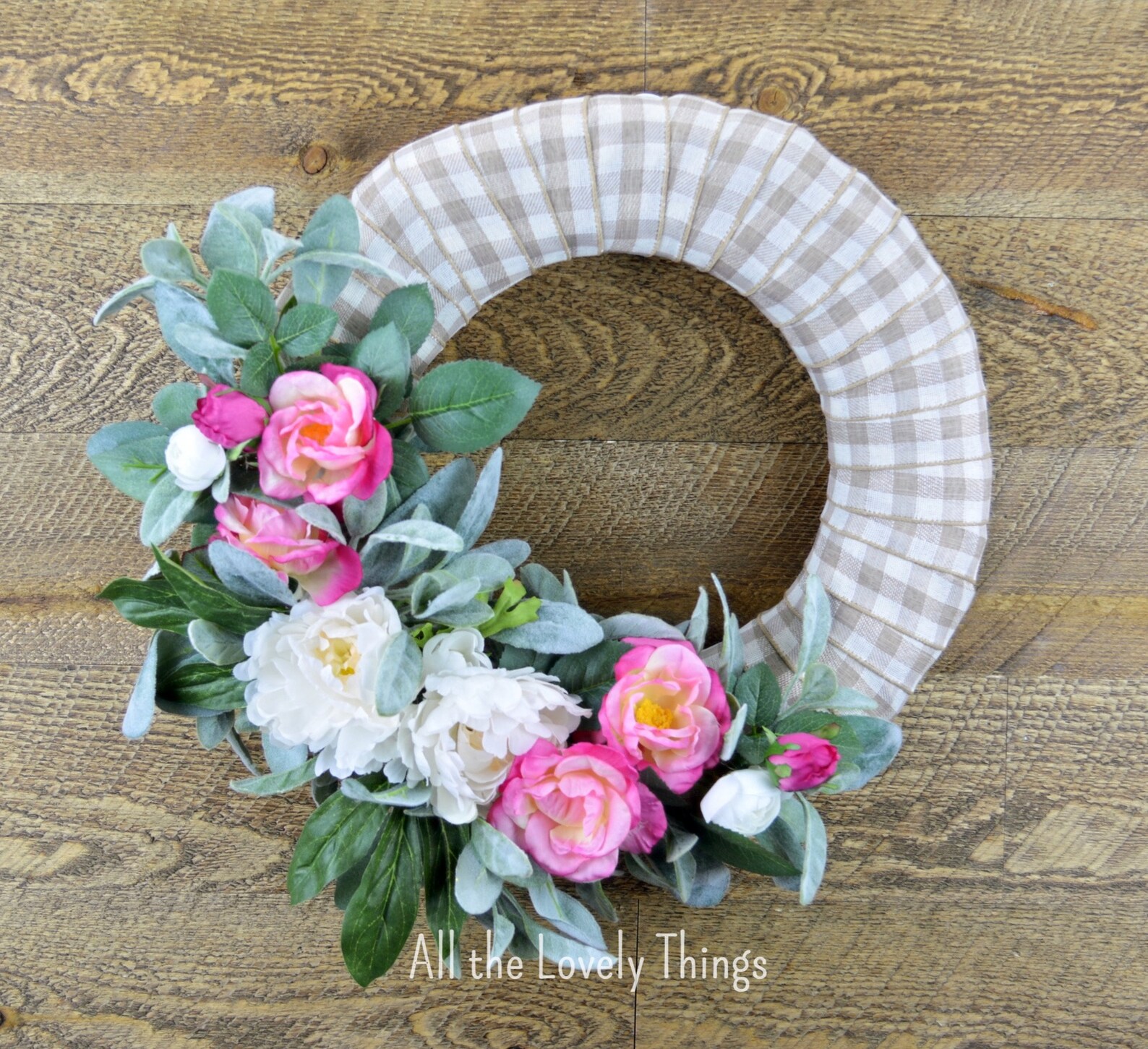 Natural and Cream Buffalo Plaid & Roses Wreath, Farmhouse Wreath ...