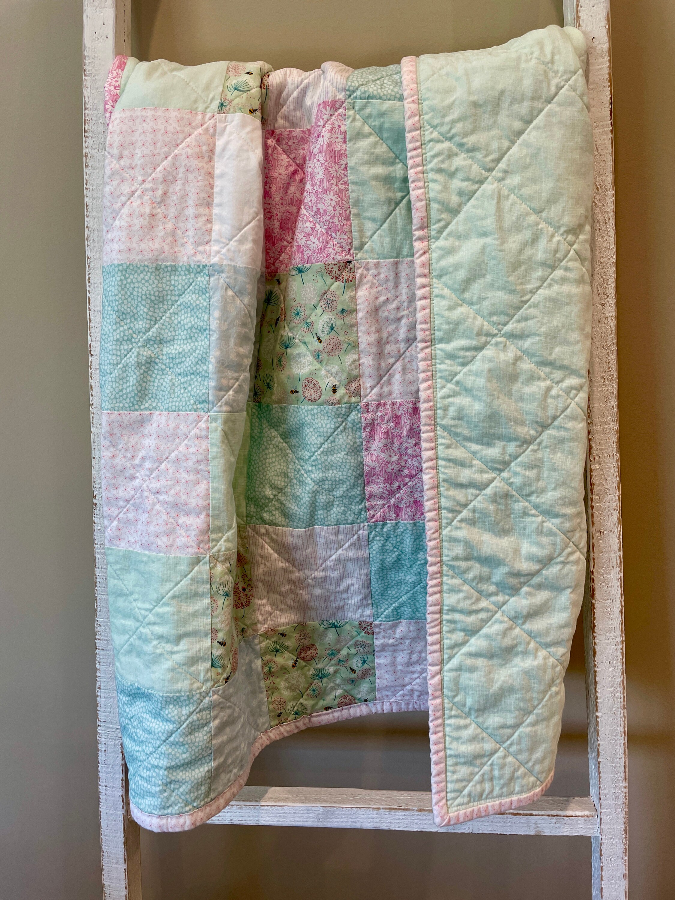 Pink and Mint Green Baby Girl Quilt, Handmade Baby Girl Quilt, Pink ...