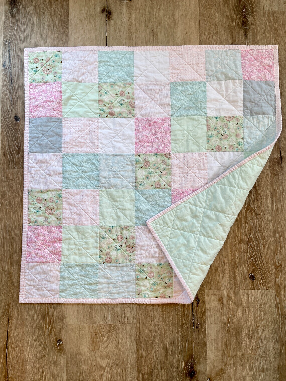 Pink and Mint Green Baby Girl Quilt, Handmade Baby Girl Quilt, Pink ...