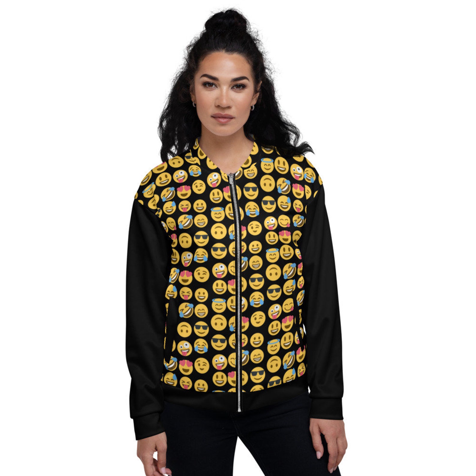 Unisex Emoji Print Bomber Jacket, Smiley Face, Fun, Rare, Unique, Super ...