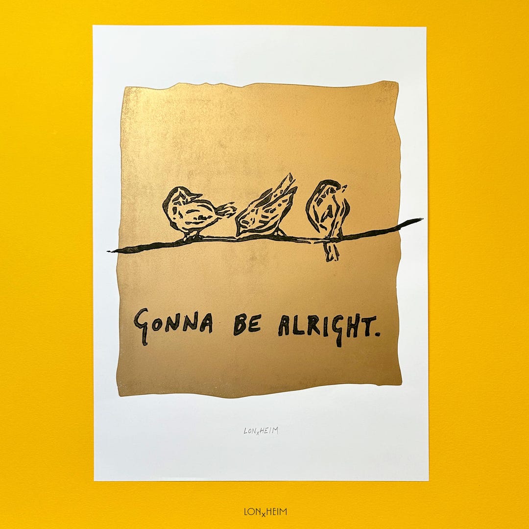 Three Little Birds Linocut – White and Gold Lyrics Print, Minimal Hand ...