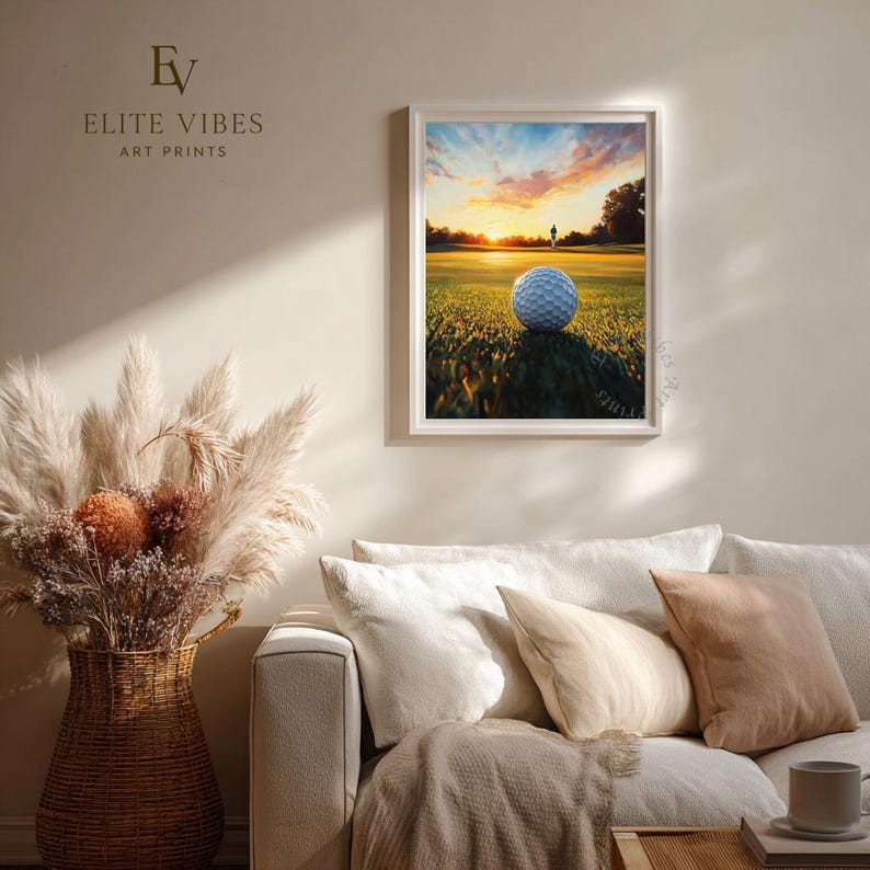 Golf Ball Sunset Print – Earthy Sport Landscape, Oil Painting Printable ...