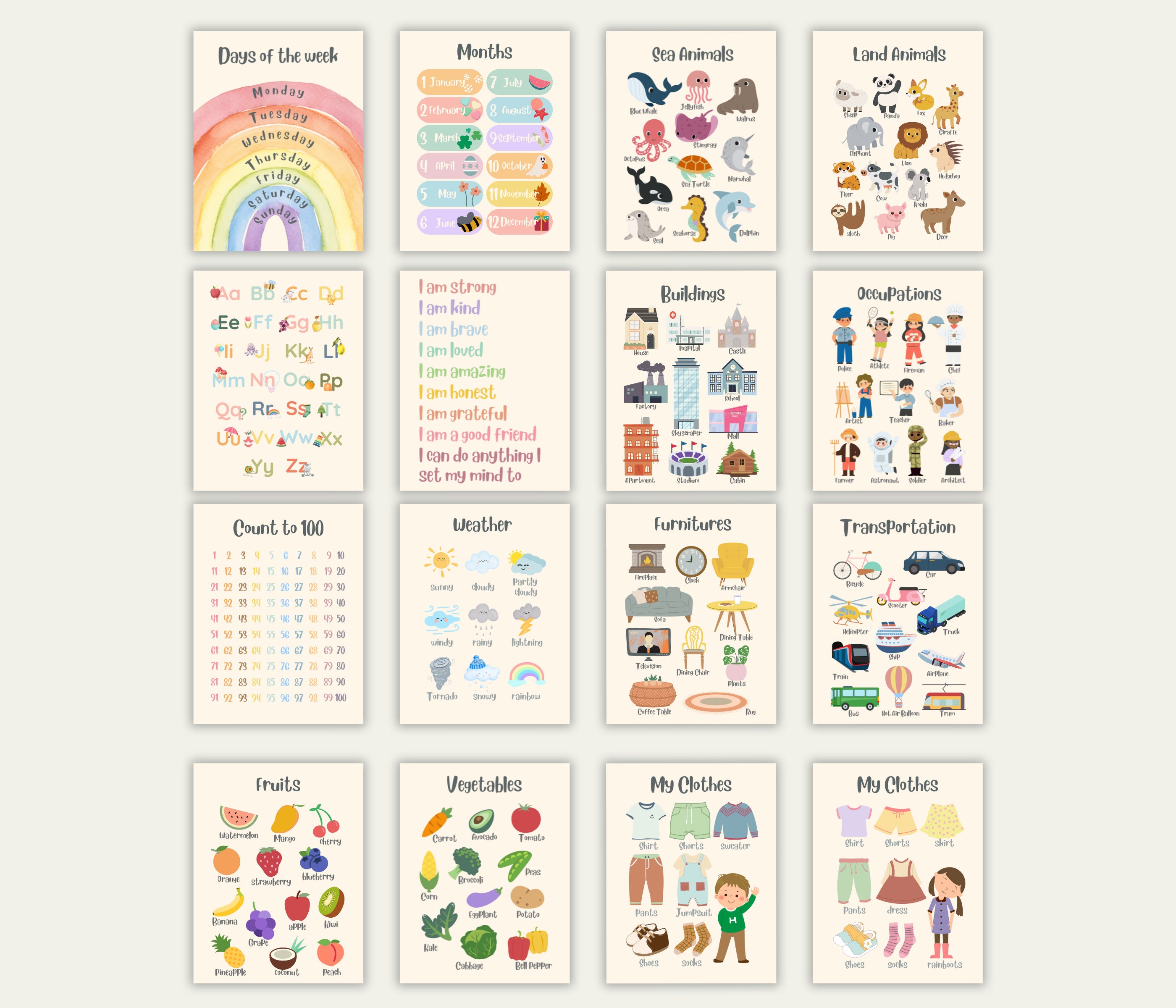 English Vocabulary Poster Set of 16, Preschool Montessori Classroom ...