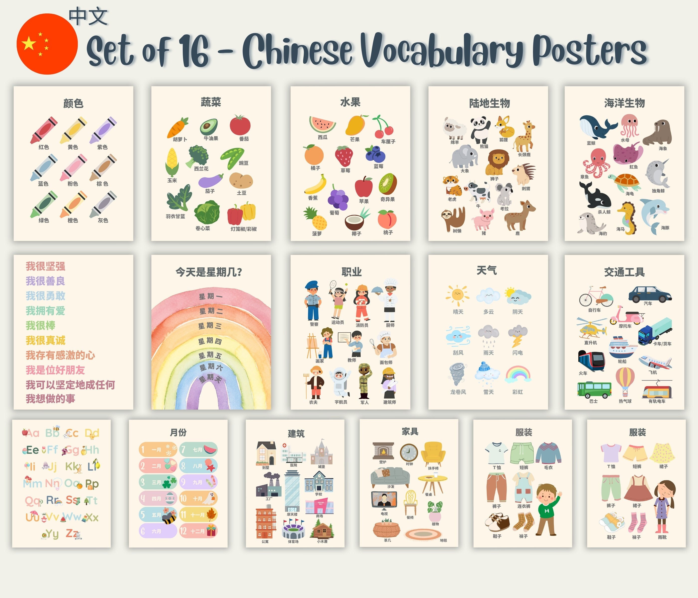 Chinese Vocabulary Educational Posters, Prints for Preschool Toddler ...
