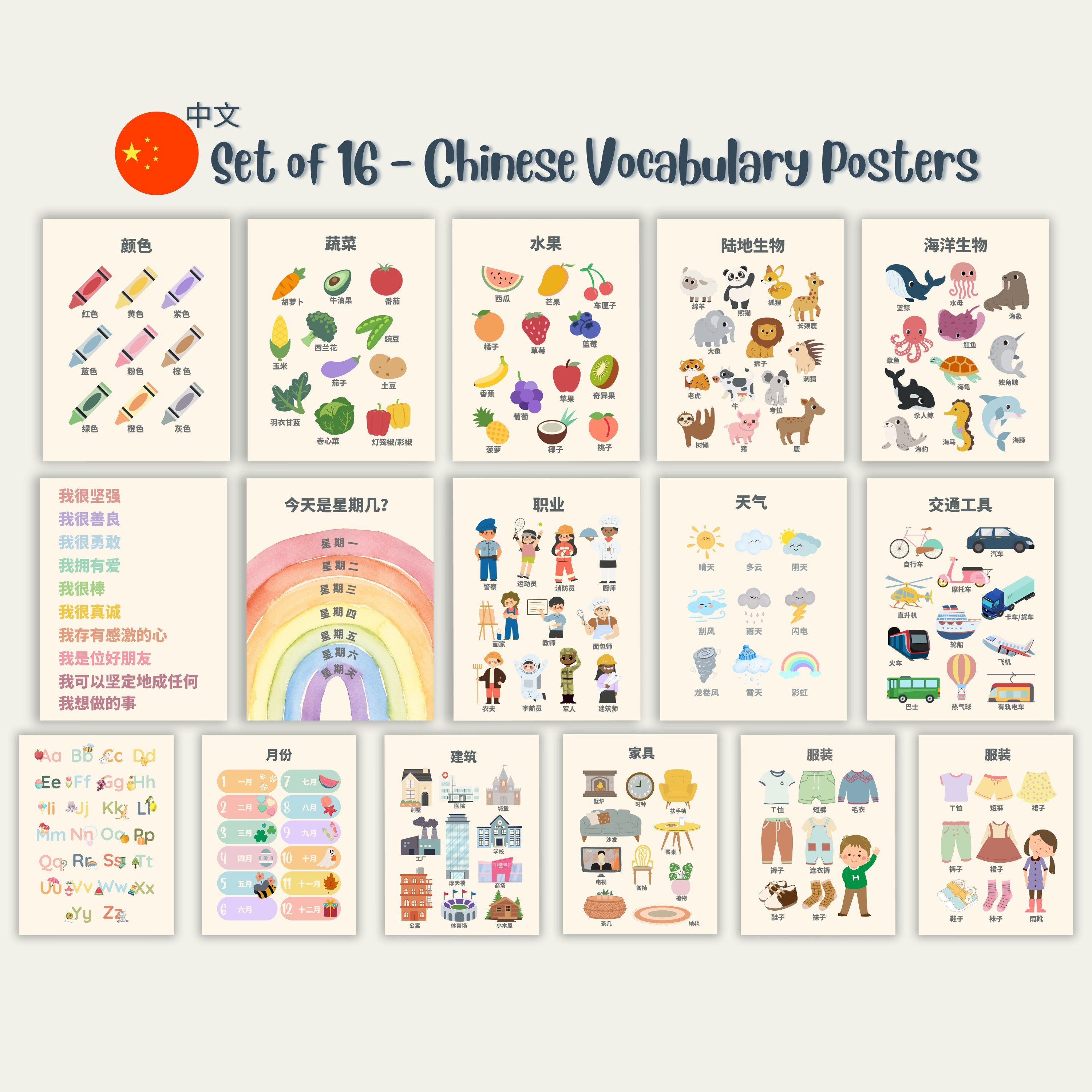 Chinese Vocabulary Educational Posters, Prints for Preschool Toddler ...