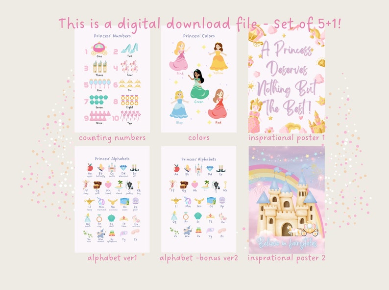 Princess Themed Printable Educational Poster Set of 5, Playroom Kids ...