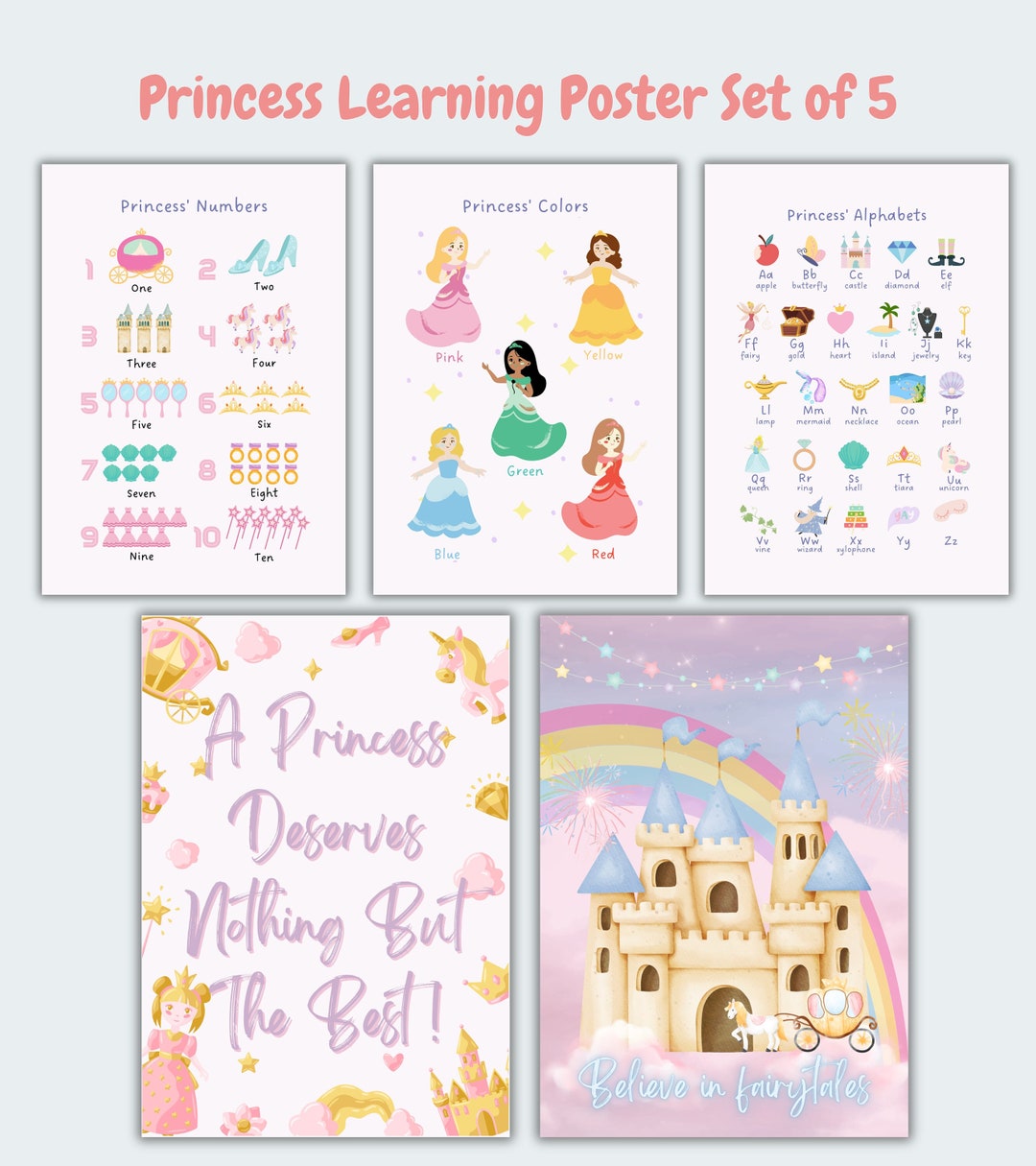 Princess Themed Printable Educational Poster Set of 5, Playroom Kids ...