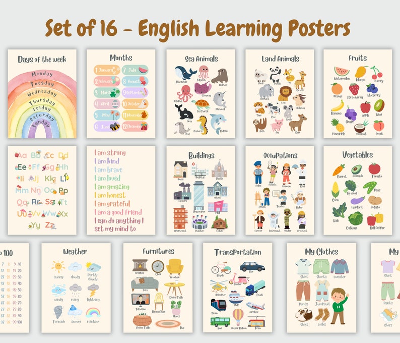 English Vocabulary Poster Set of 16, Preschool Montessori Classroom ...